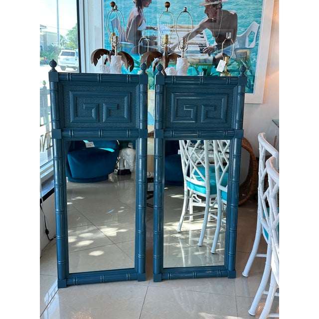 Vintage Pair of Wood Faux Bamboo Greek Key Blue Lacquered Wall Mirrors ...
