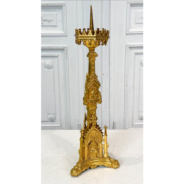 European Gothic Revival Gilt Bronze Altar Stick Pricket Candlestick ...