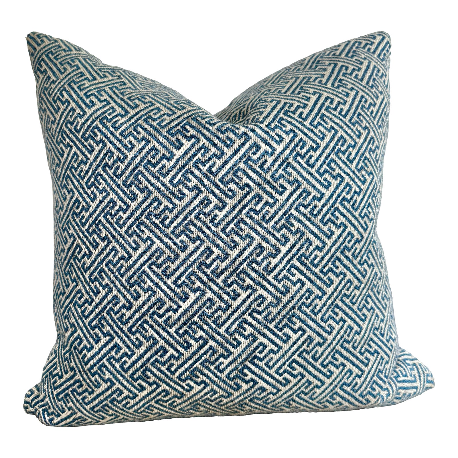 Plush Valdese Weaver Blue and White Greek Key Down-Filled Pillow | Chairish