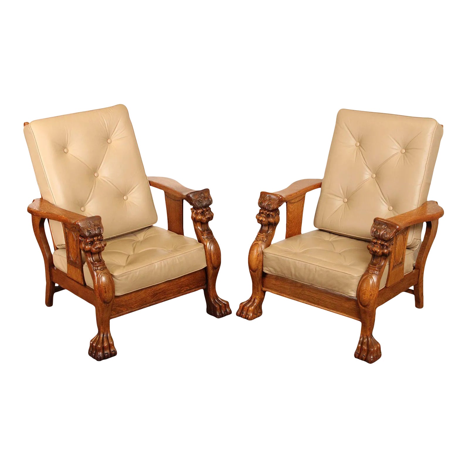 Renaissance Revival Antique Pair of Carved Oak Lion Head Reclining ...