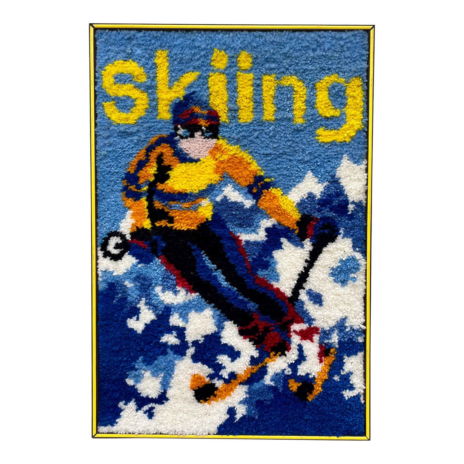1970’s Vintage Pop-Art “Skiing” Framed Shag Rug | Chairish