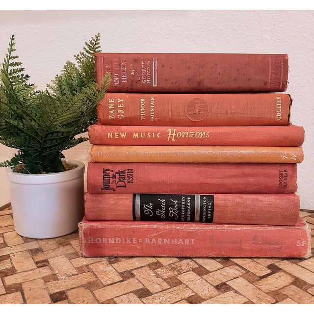 Vintage Book Stack Coral Red Peach Salmon Set Fall Colors | Chairish