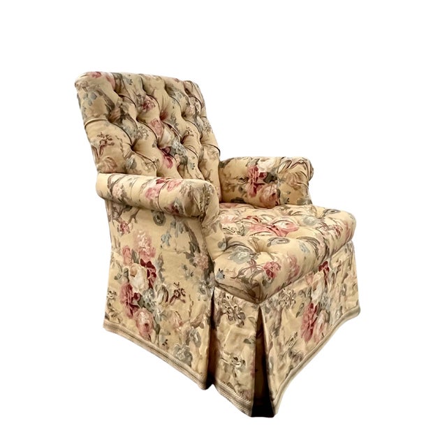 Traditional Custom Floral Tufted Linen Chairs – a Pair | Chairish