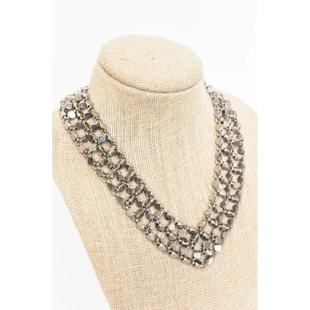 1990s Chanel Rock Stud Silver 3 Row Metal Link V Necklace Signed | Chairish
