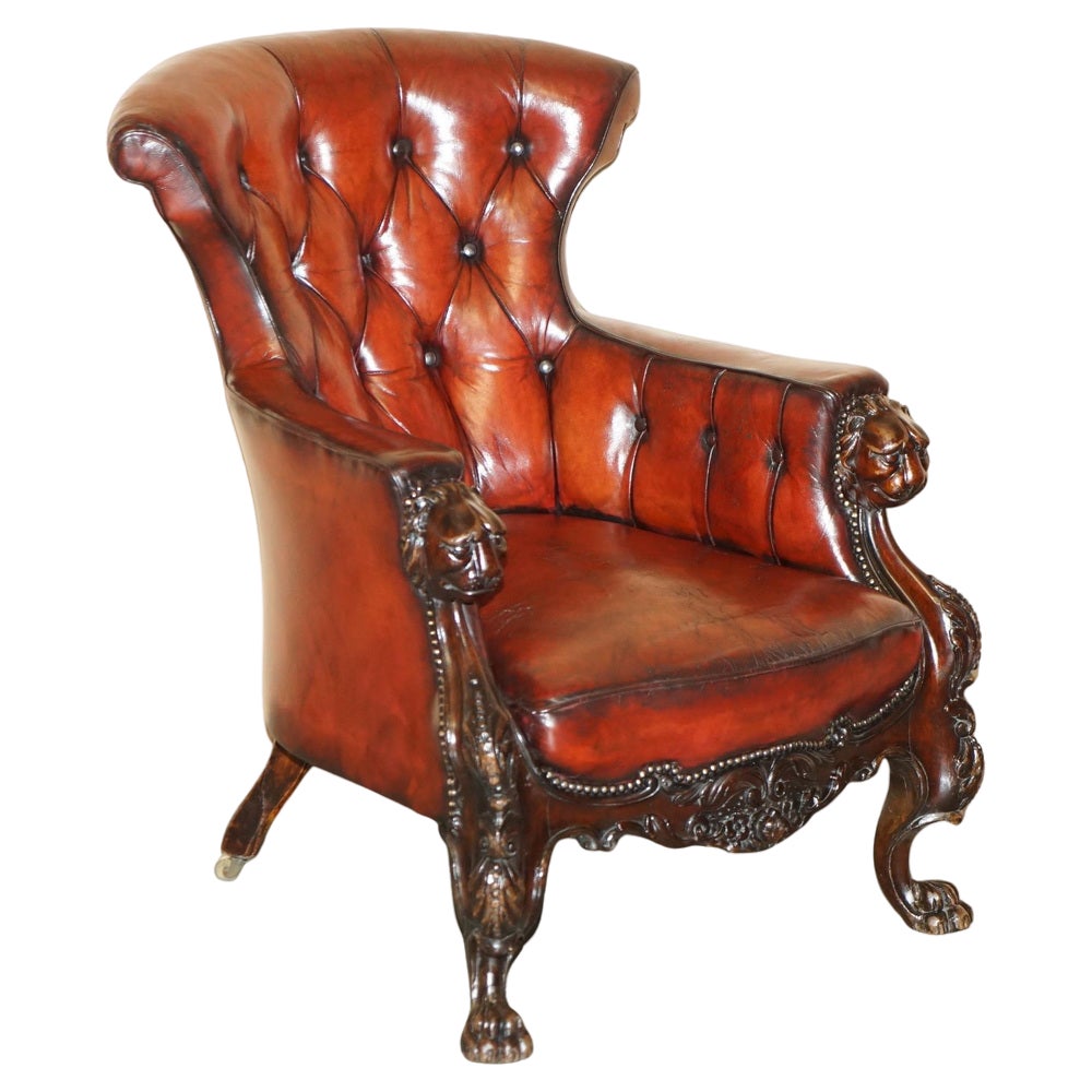 Antique Chesterfield Library Chair with Hand Carved Lions Head, 1840 ...