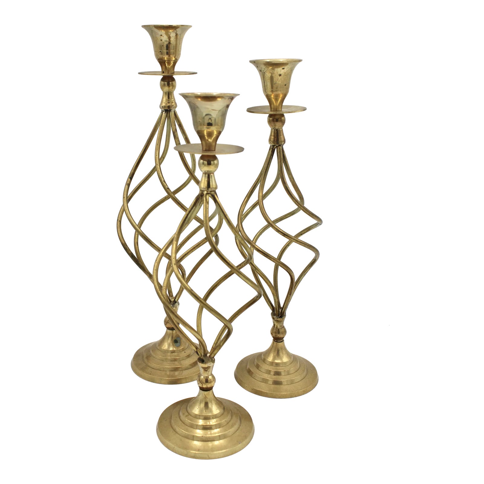 Vintage Shabby Chic Spiral Brass Candlesticks (3) | Chairish