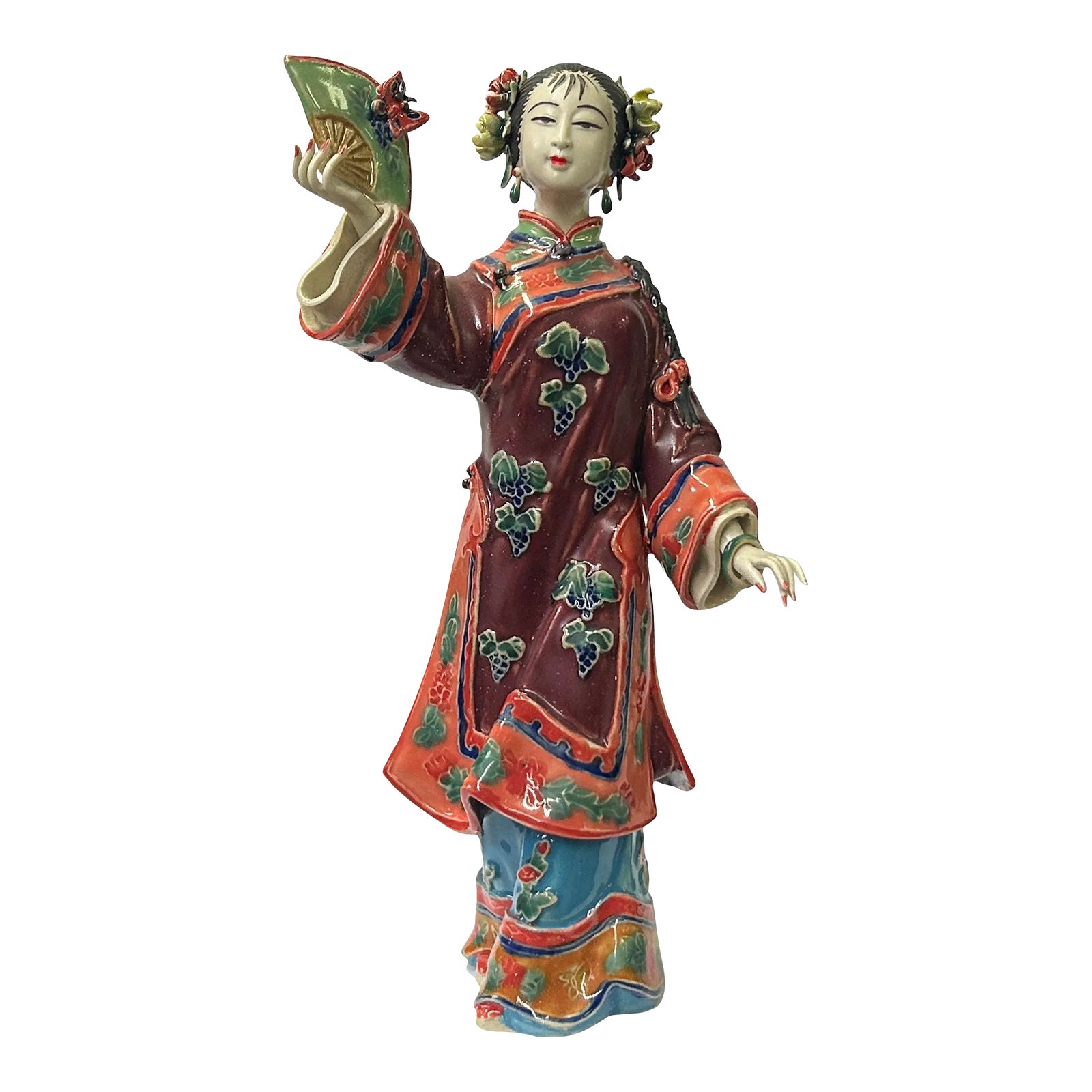 Chinese Porcelain Qing Style Dressing Flower Fan Lady Figure | Chairish