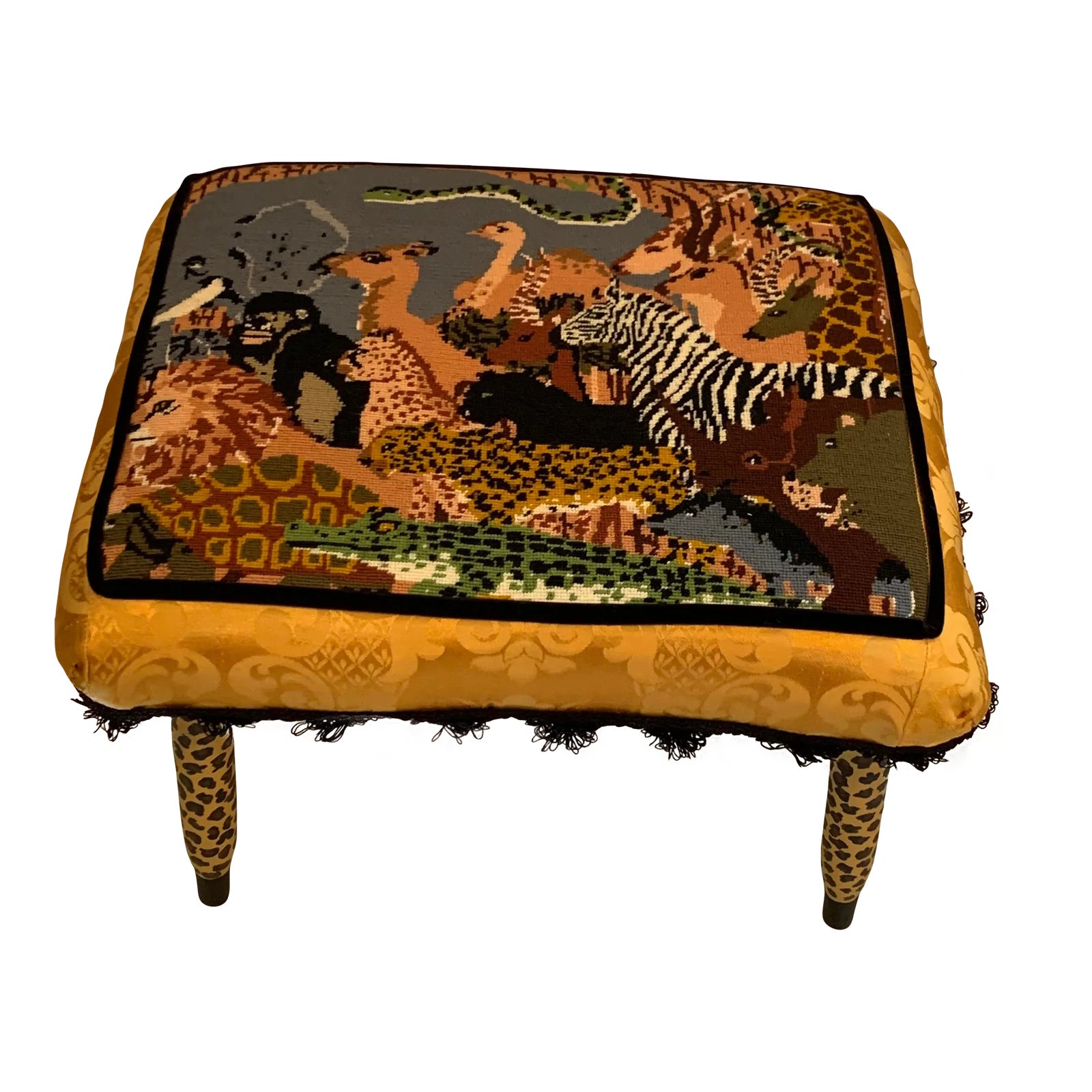 Vintage Jungle Animals Needlepoint Footrest Stool | Chairish