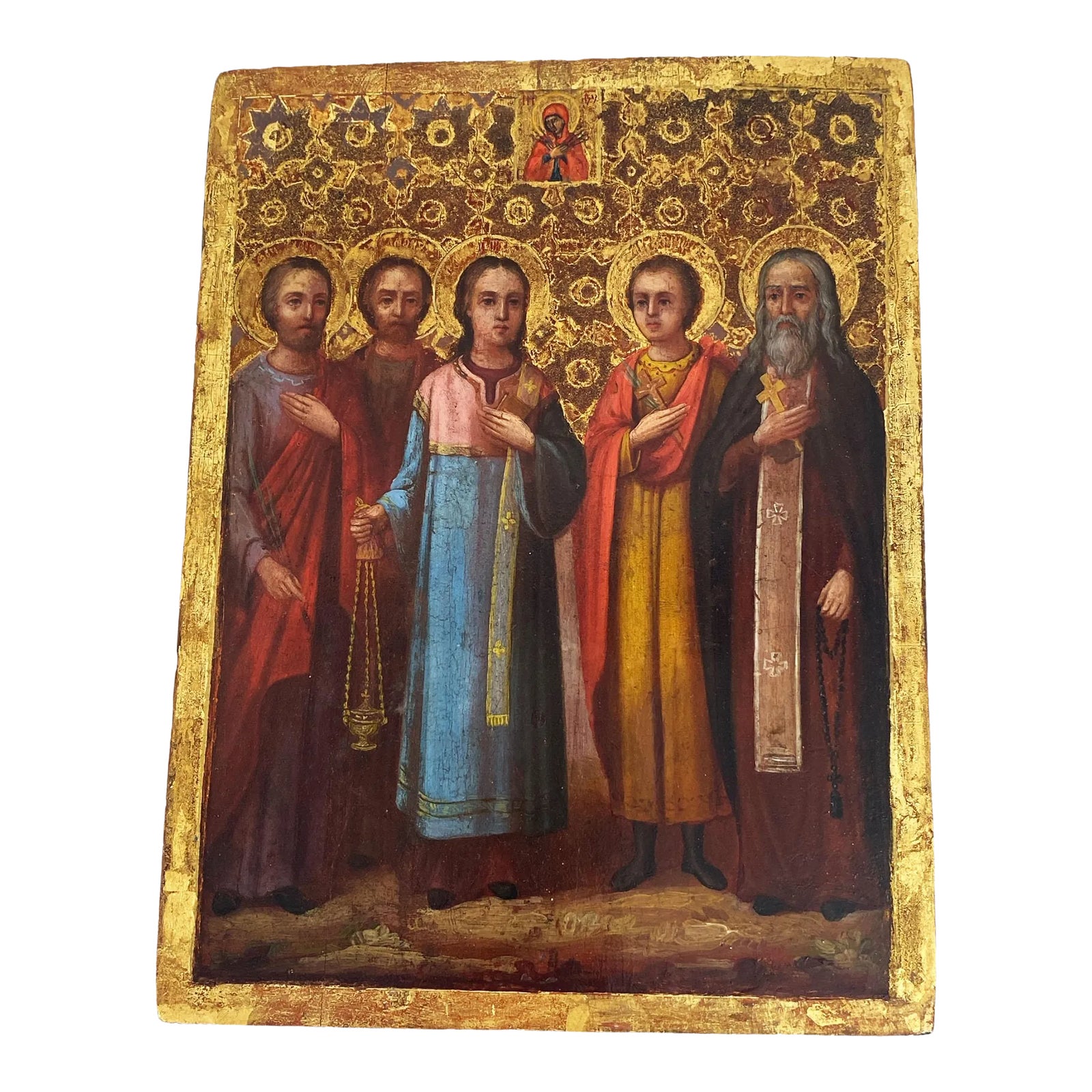 19th Century Russian Icon of Five Saints and the Mother of God 9" H ...