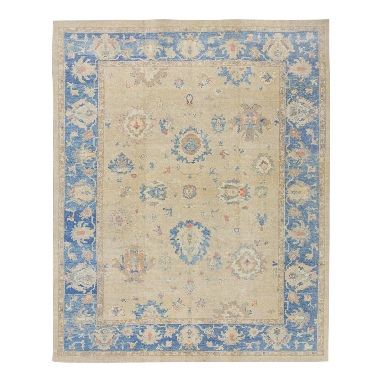 Early 21st Century Tan & Blue Handwoven Turkish Oushak Rug 11'8" X 14'9 ...