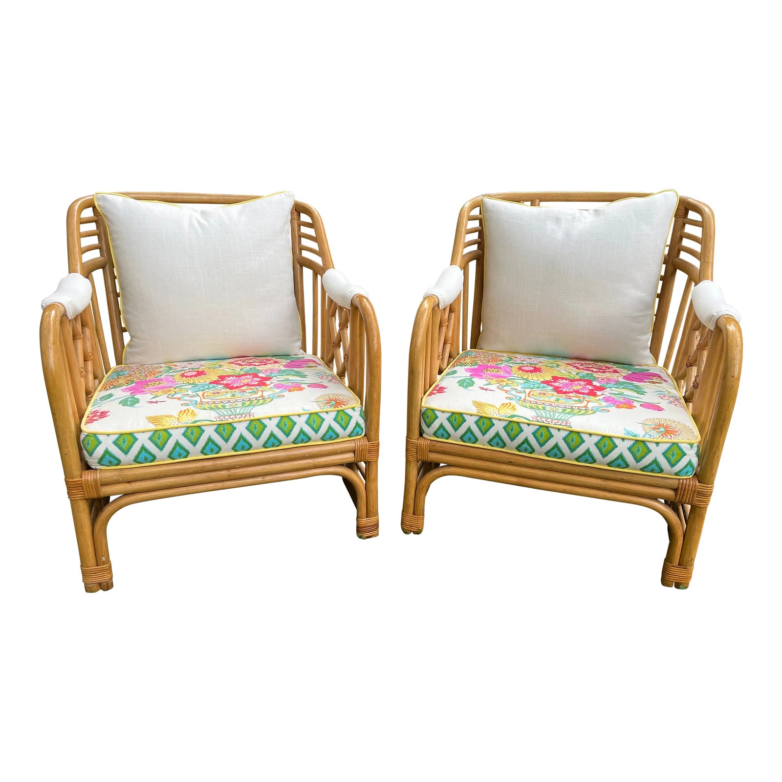1960s Brighton Style Bamboo Rattan Coastal Club Chairs, a Pair With ...