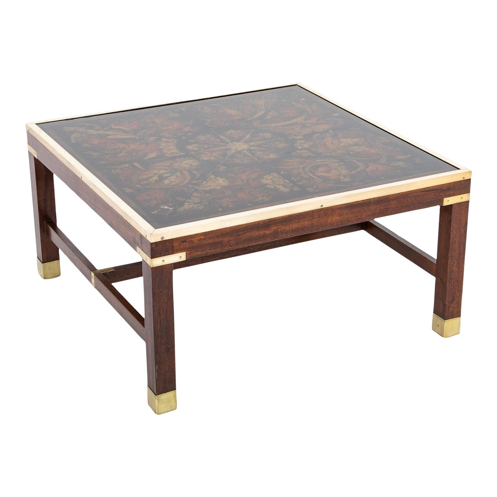 1960s Fornasetti Style Reverse Glass Top on Walnut & Brass Base Coffee ...