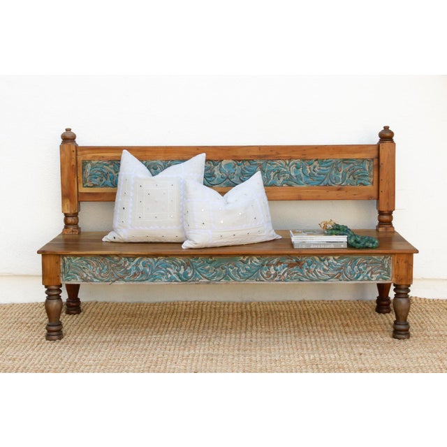 Reclaimed Wood Carved Aqua Beam Bench | Chairish