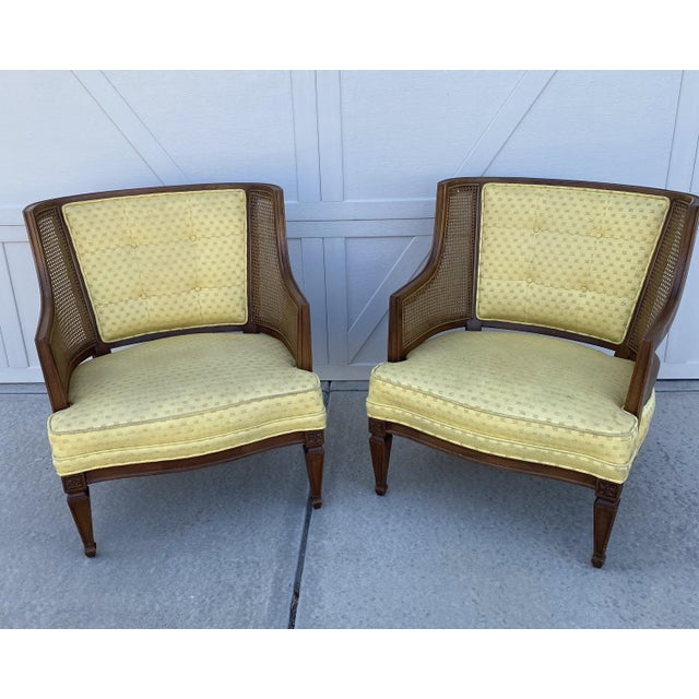 1950s Hibriten French Bergere Walnut Cane Yellow Upholstered Club ...