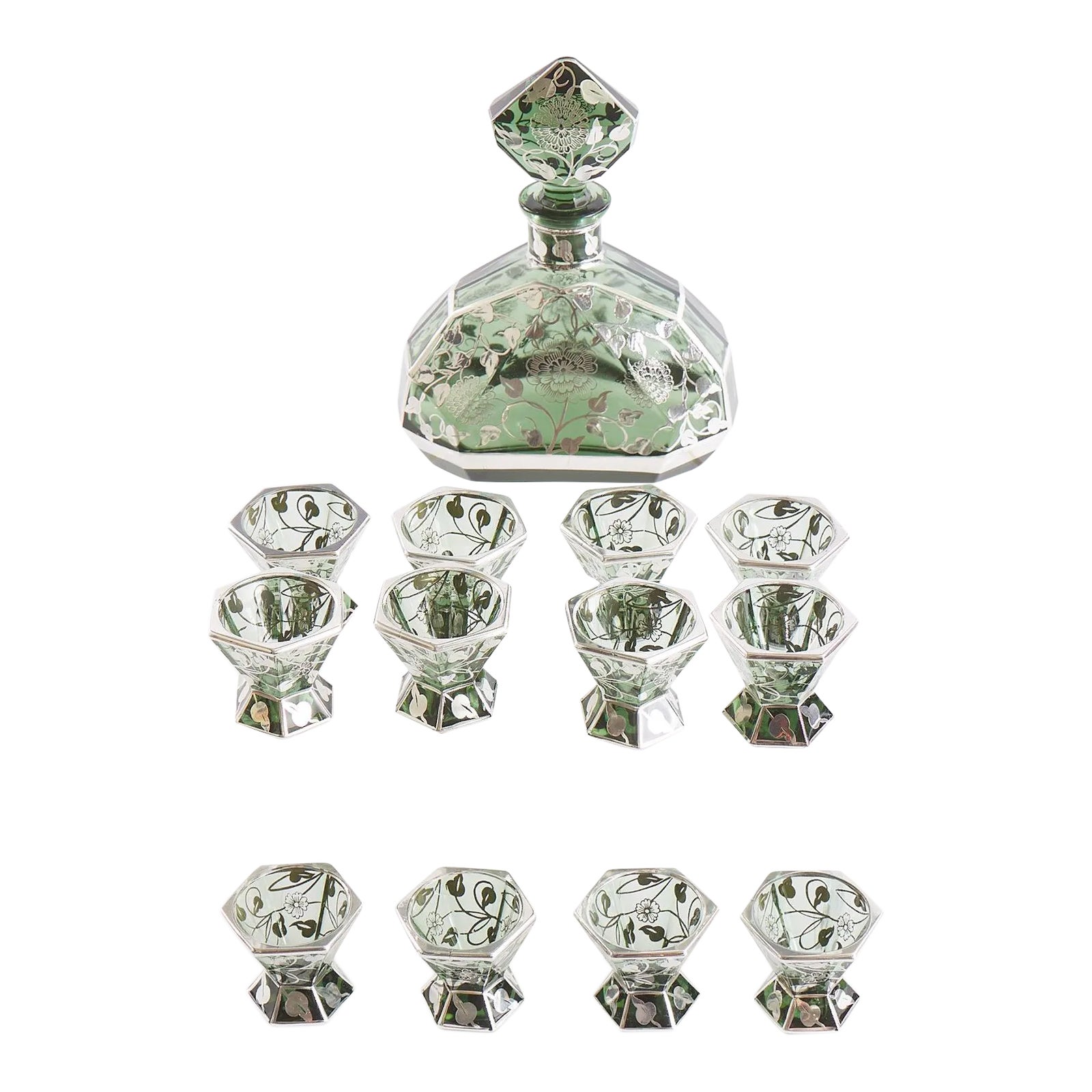 Vintage Murano Glass & Inlaid Silver Decanter & 12 Pieces | Chairish