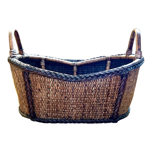 1980s Vintage Bamboo and Rattan Woven, Handled Basket | Chairish