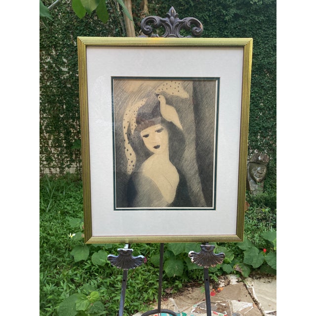 Mid 20th Century Graphite “Girl With Bird" Original Drawing by Judith ...