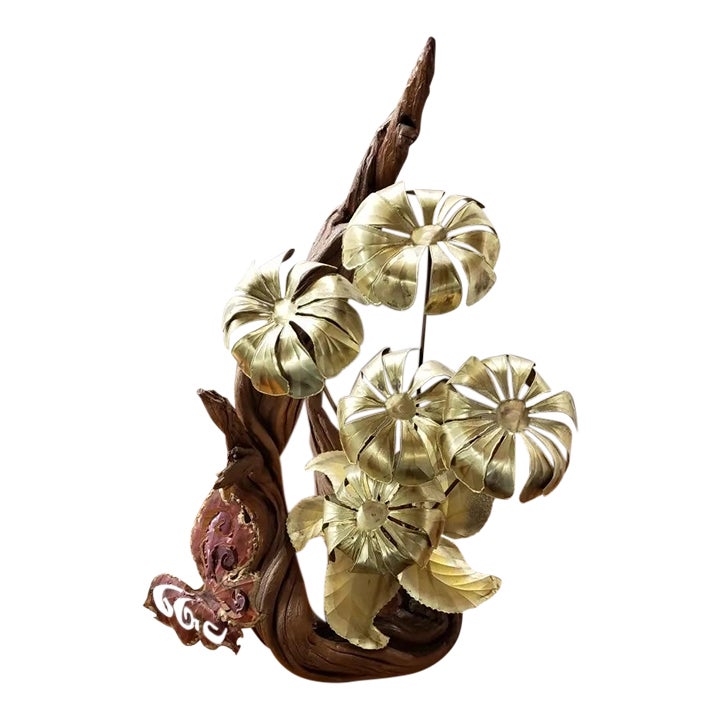 Mid Century Metal Flowers on Wood Base With Butterfly Sculpture ...