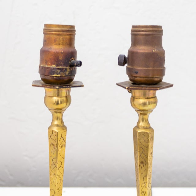 Early 20th Century Small Etched Brass Candlestick Lamps |Set of Two ...