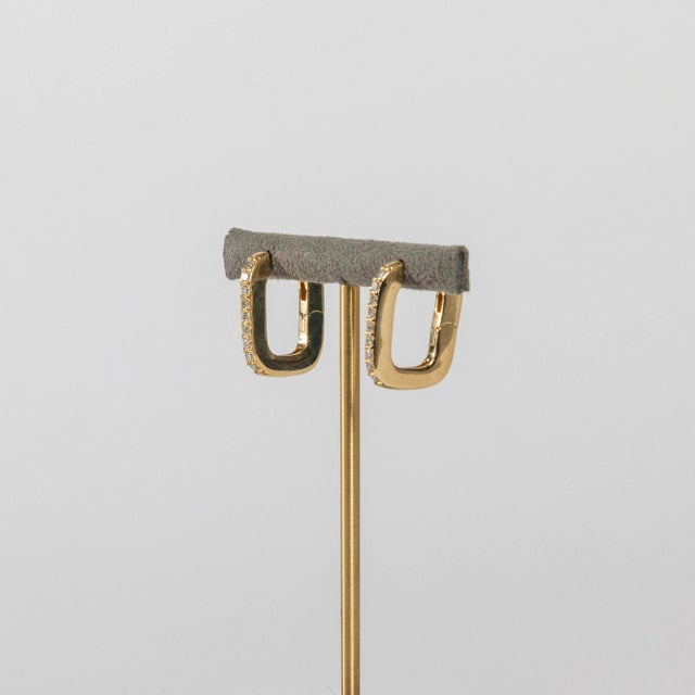 Diamond and Gold Chunky Rectangular Huggies in 14K gold - A Pair | Chairish