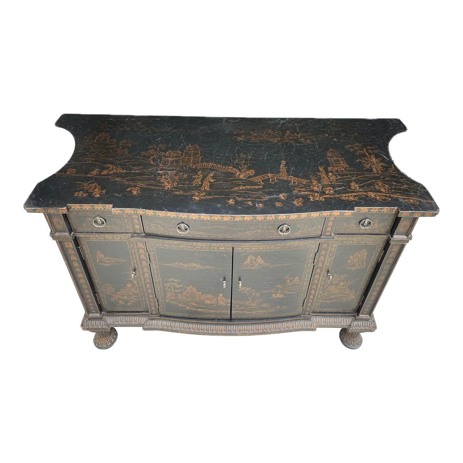 1980s Asian Chinese Design Wood Buffet Table With Leather Look | Chairish