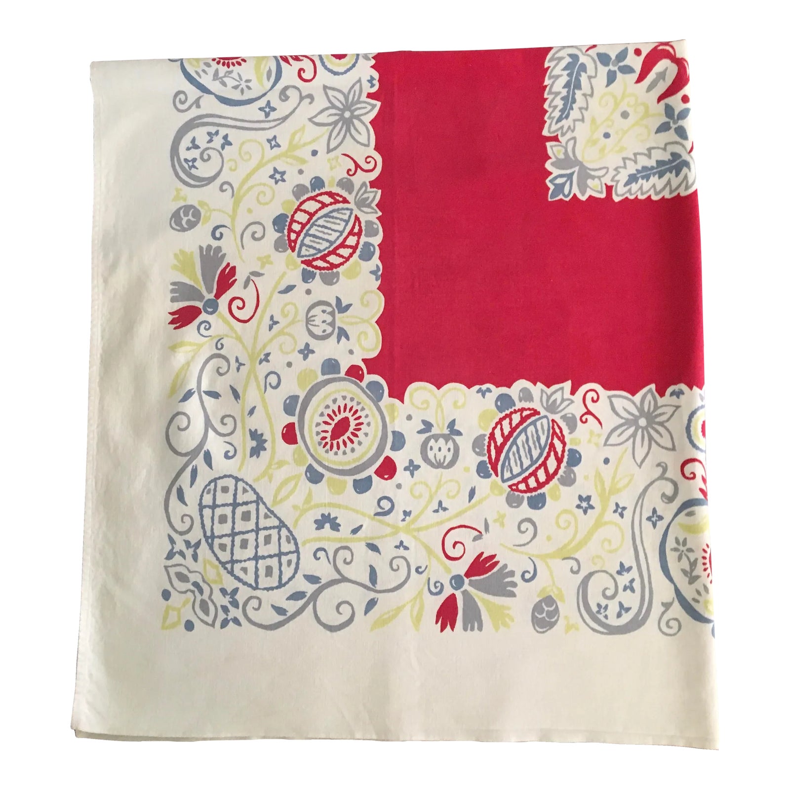 Vintage Linen Tablecloth With Stylized Seed Pods and Leaves | Chairish