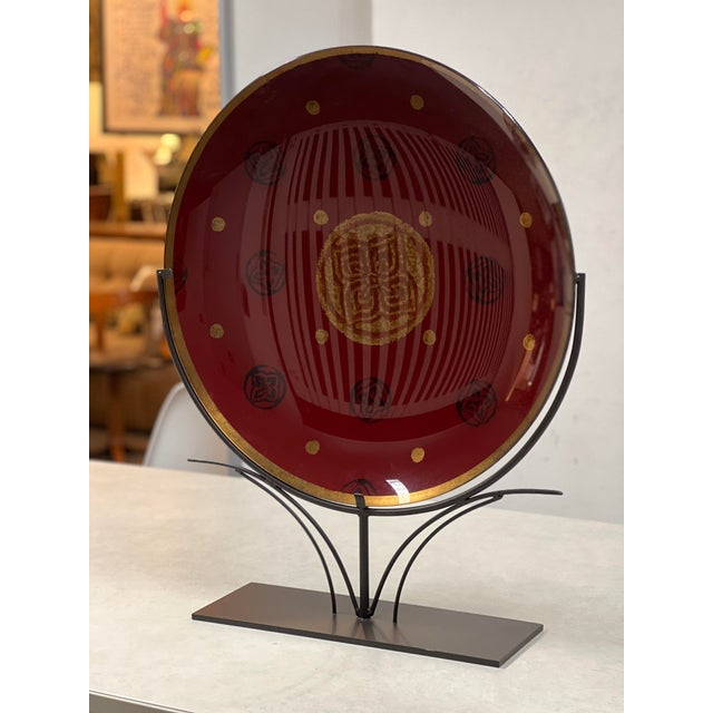 Asian Inspired Ceramic Plate + Iron Stand | Chairish