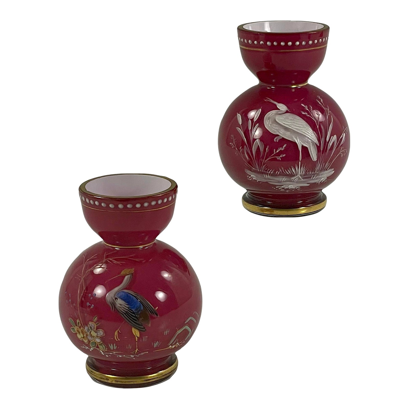 Pair of Antique Bohemian Art Glass Vase With Enamel Water Fowl Scenes ...