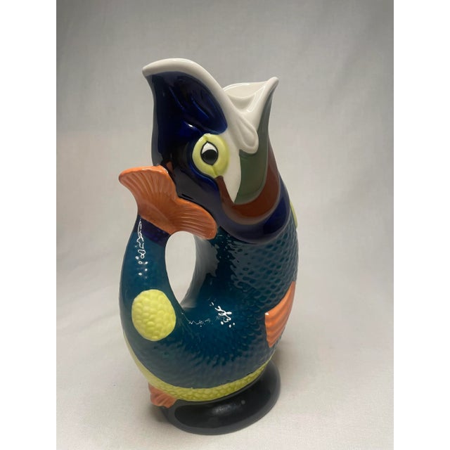 Late 20th Century Gluggle Fish Ceramic Pitcher in Teal, Orange and ...