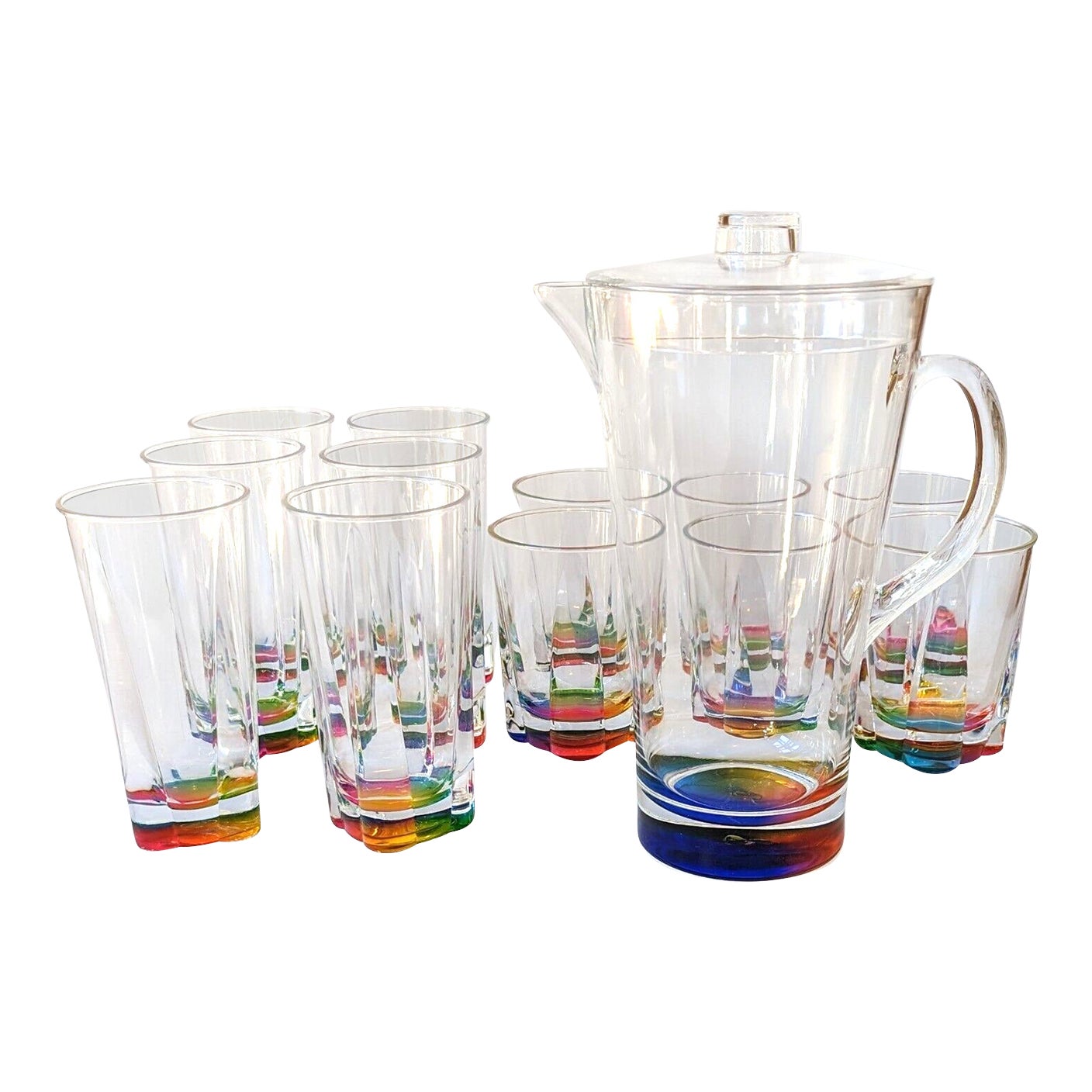 1990s Merritt International Teardrop Acrylic Rainbow Pitcher Set With ...