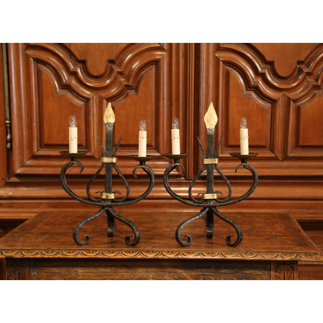 Early 20th Century French Gothic Forged Iron Two-Light Candelabras - a ...