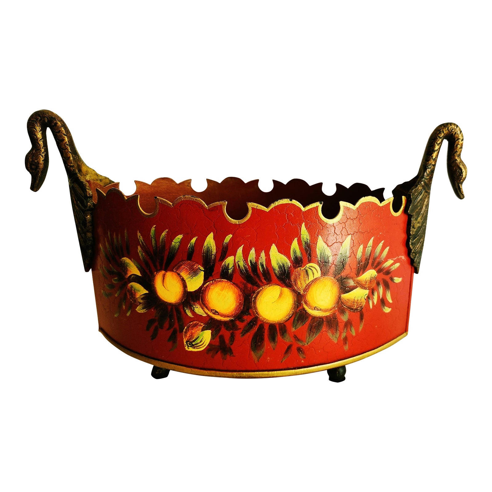 Vintage Persimmon Red Cachepot With Brass Swan Handles | Chairish