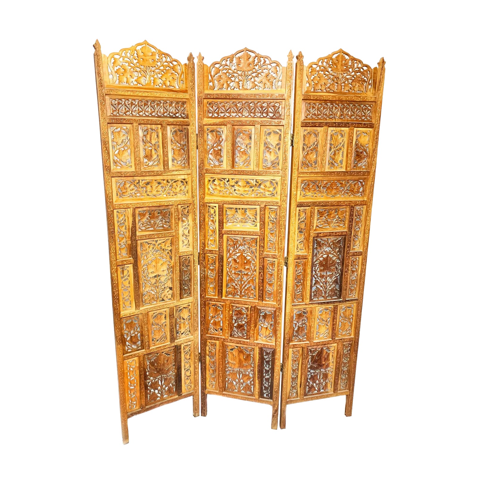 Indian Hand Carved Three Panel Wooden Screen | Chairish