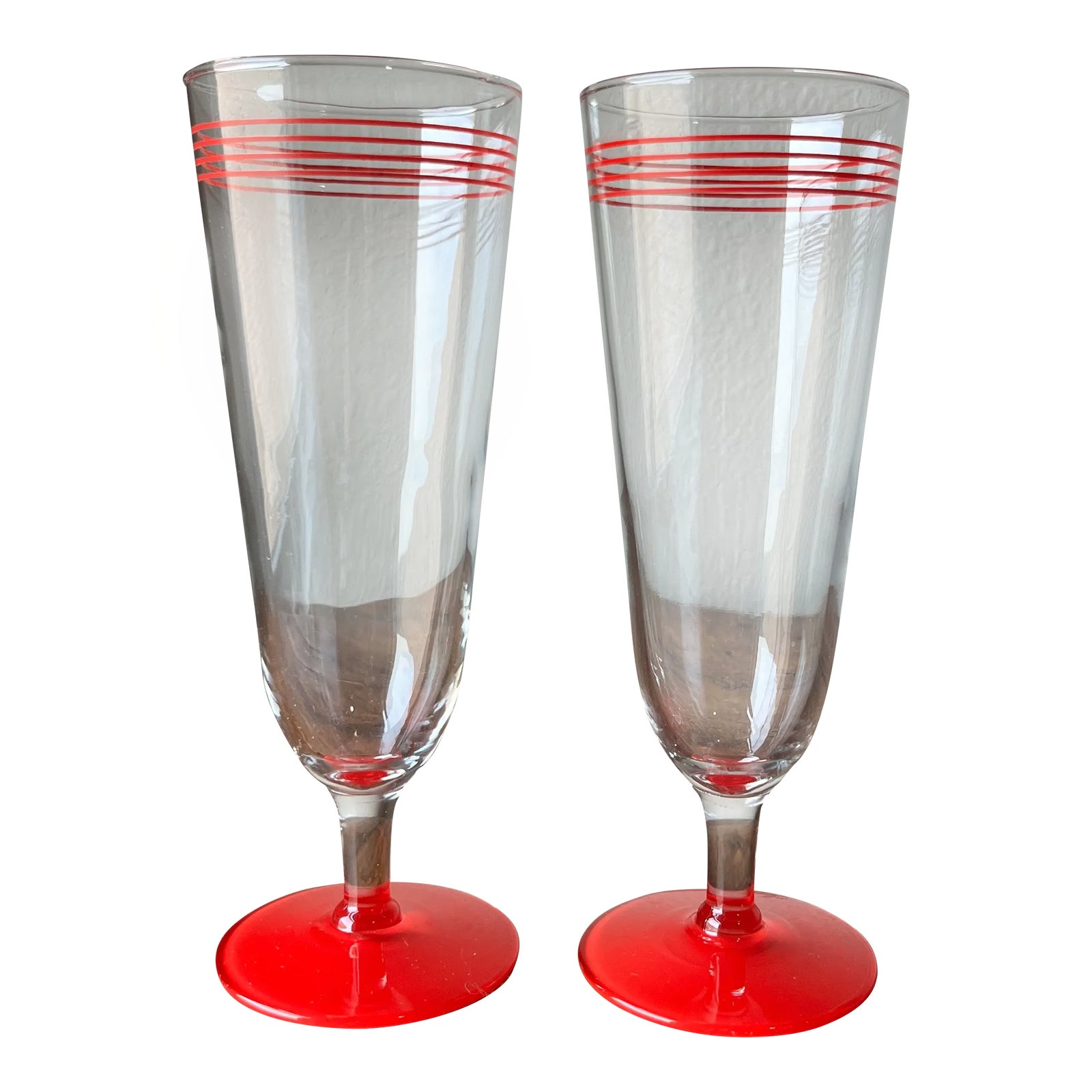 Mid-Century Style Red Striped Crystal Pilsner Footed Glasses- Set of 2 ...