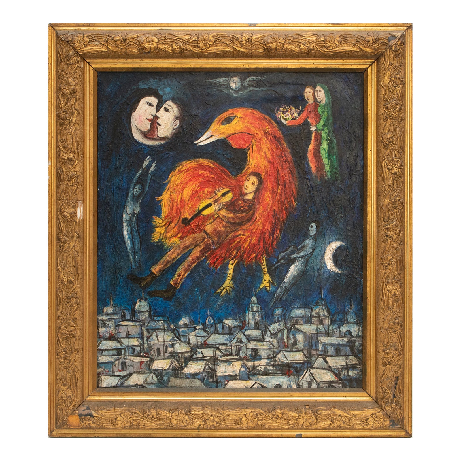 "Night With Rooster" Vintage Expressionist Painting, Manner of Chagall ...
