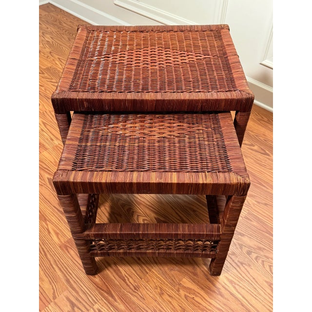 Vintage Boho Chic Wicker Nesting Tables in Chestnut Brown, a Pair ...