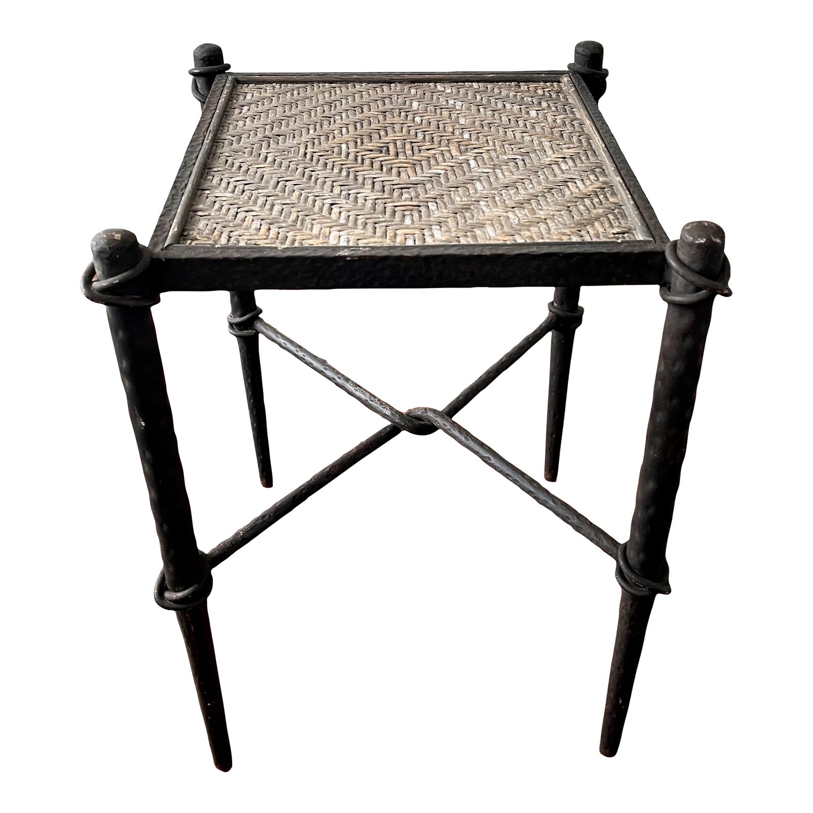 Hammered Cast Iron and Rattan Side Table | Chairish