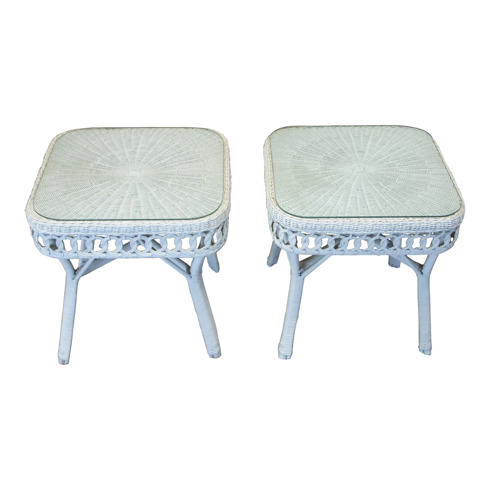 Vintage White Wicker Rattan Square Side Tables - A Pair | Chairish