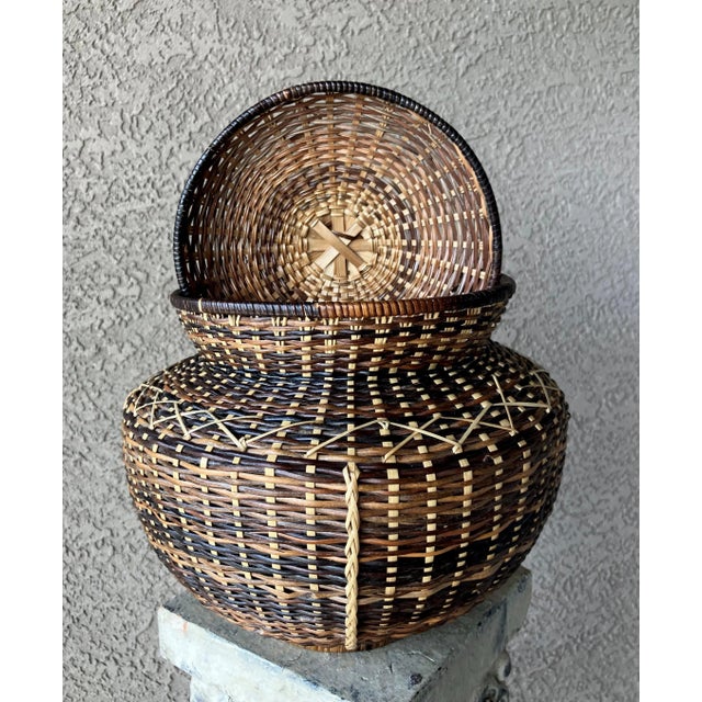 Circa 1970-1985 Rattan & Nito Vine Circular Pedestal Lidded Urn Basket ...