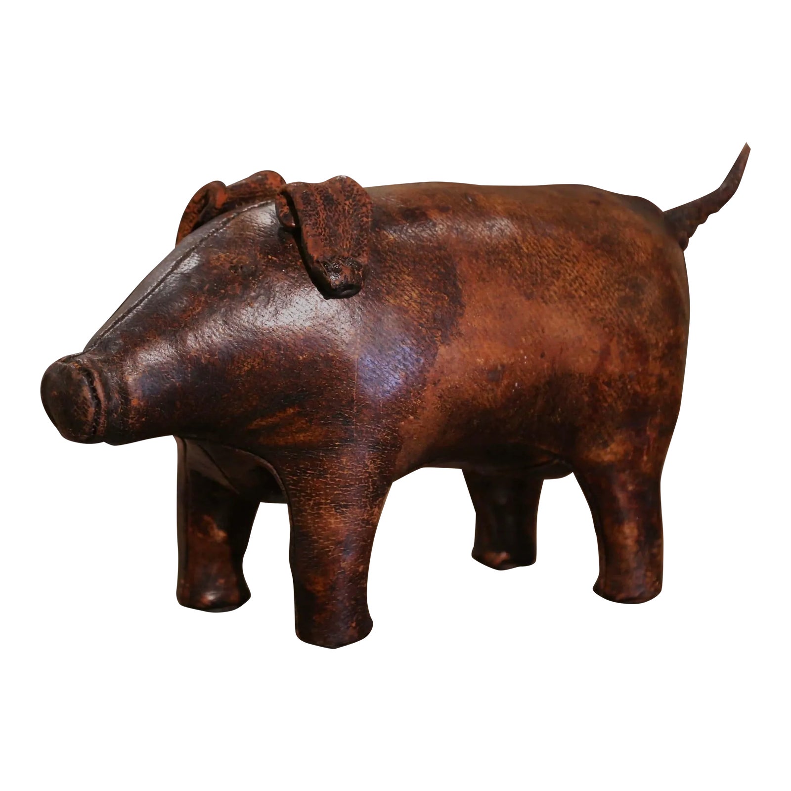 Early 20th Century English Brown Patinated Leather Pig Footstool | Chairish
