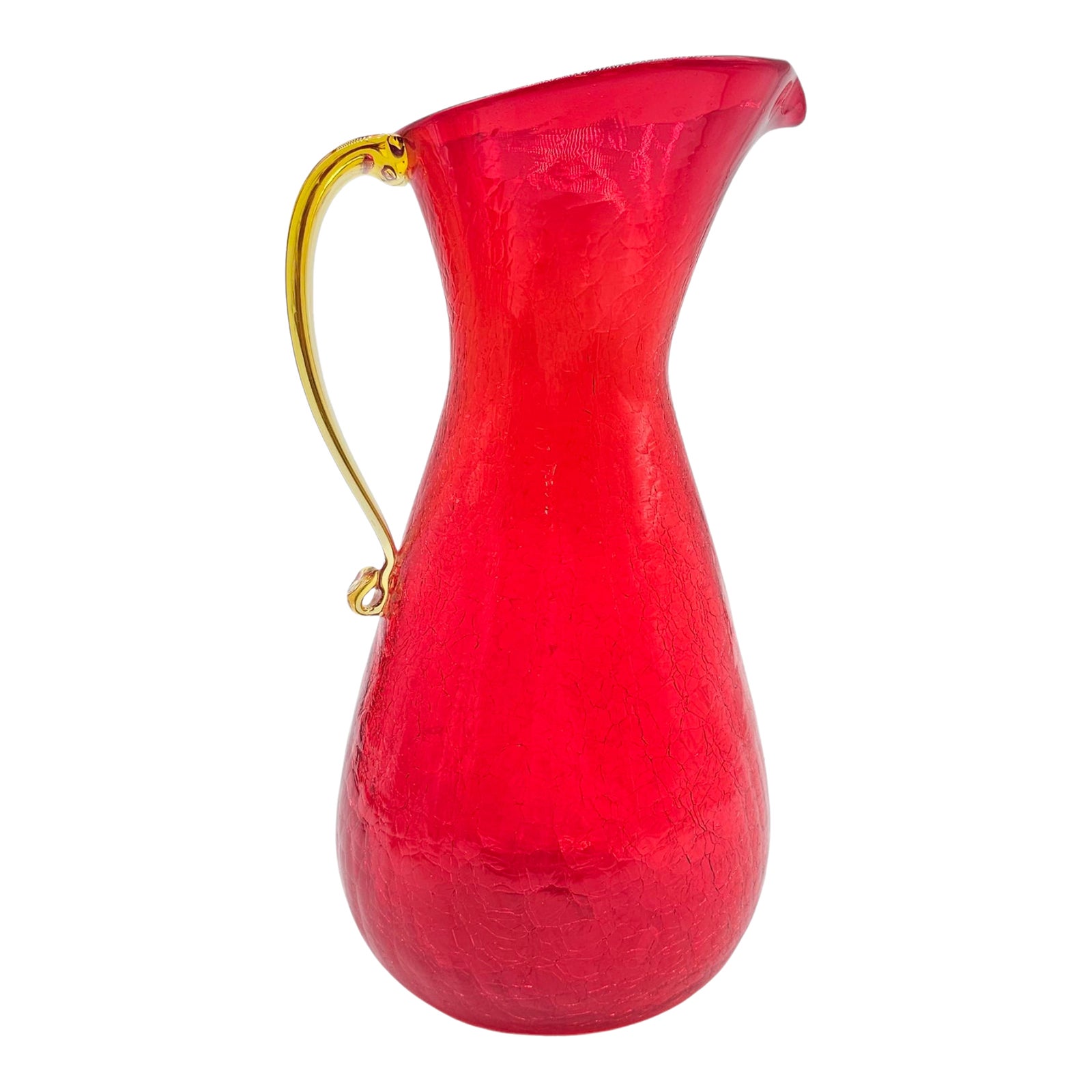 Hand-Blown Pilgrim Ruby Red Crackle Glass Pitcher With Applied Amber ...