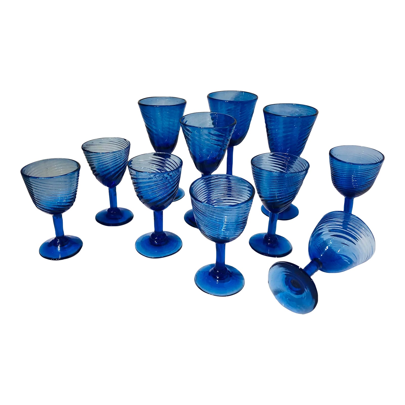 Antique Hand-Blown Blue Art Glass Goblets- Set of 11 | Chairish