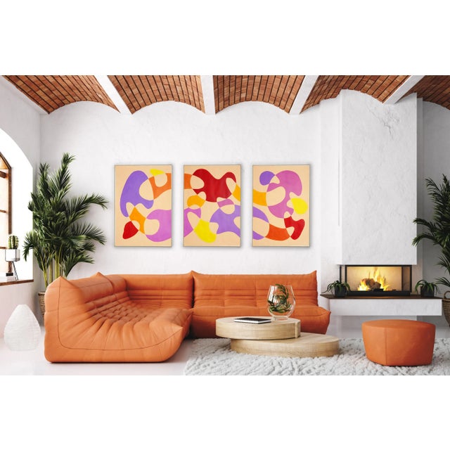 2024, Abstract Mid Century Shapes Triptych of Coral Curves, Acrylic Painting on Watercolor Paper ...