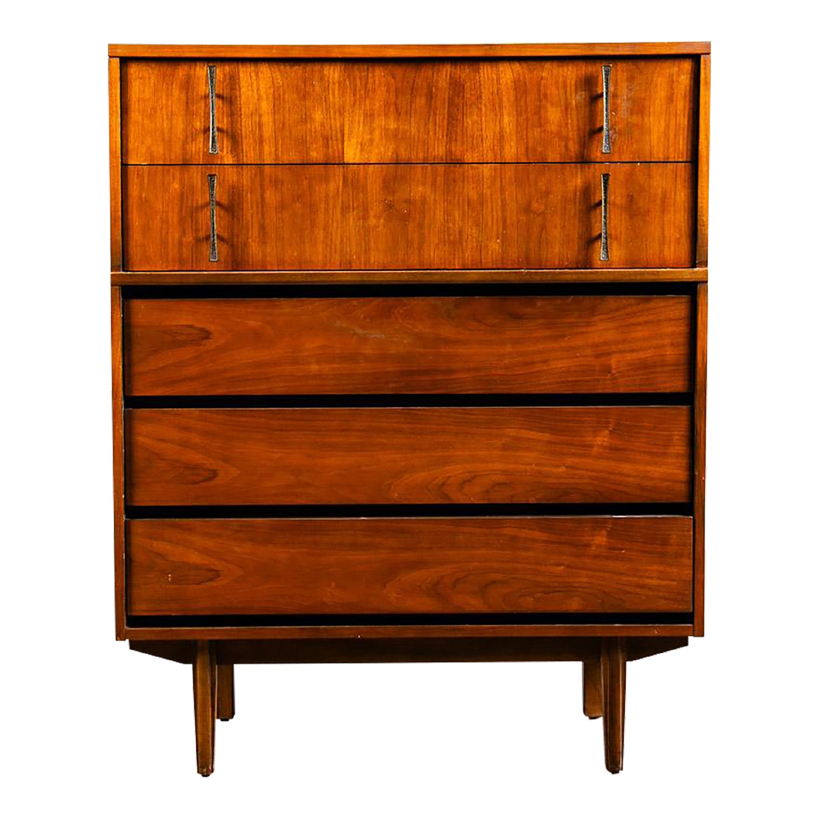 1960s Mid Century Modern Highboy Dresser Walnut 5 Drawer Danish Metal ...
