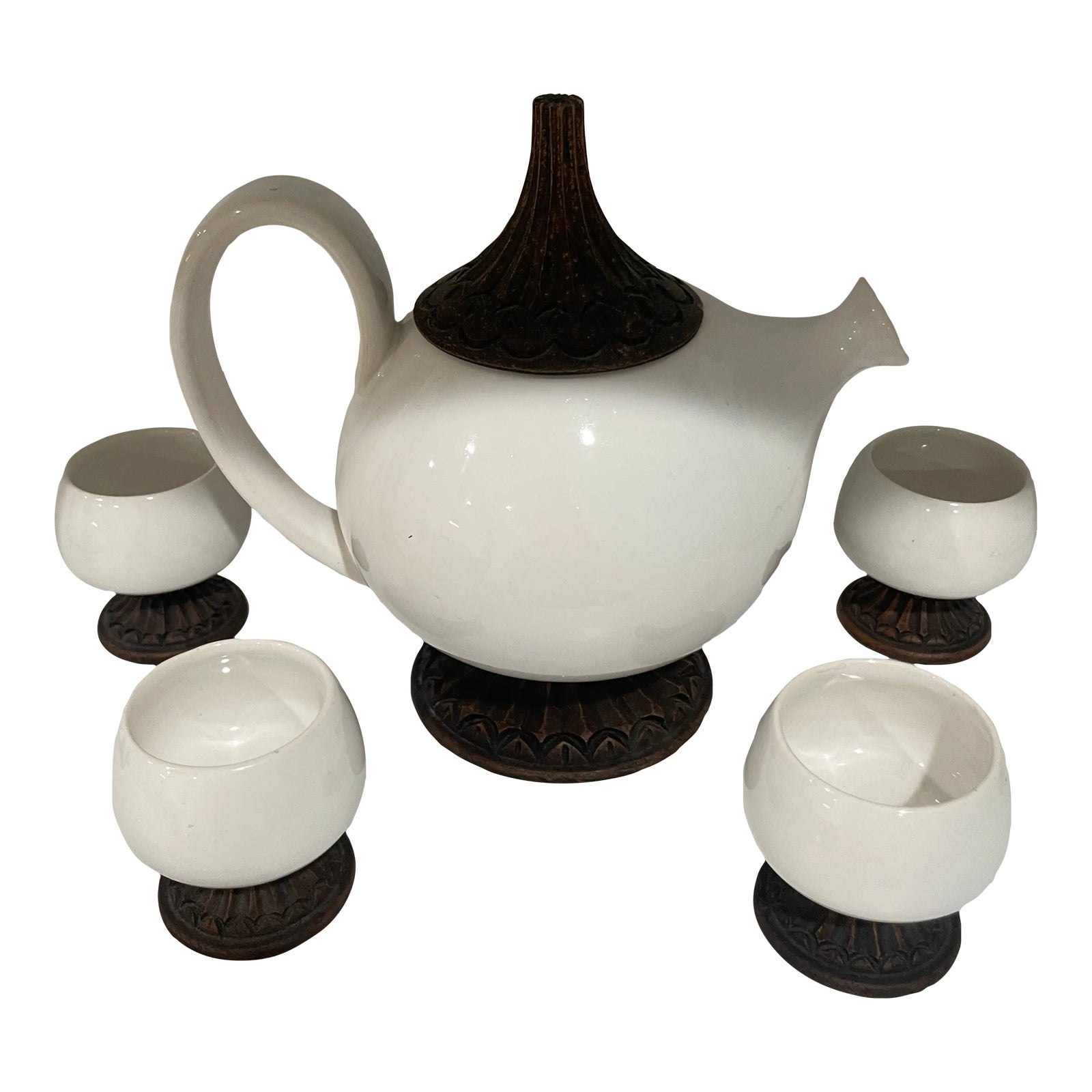 Mid Century Ceramic & Carved Wood Tea Set- 5 Pieces | Chairish