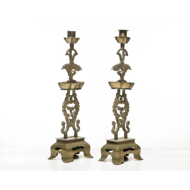 20th Century Brass Chinese Candlestick Holders- a Pair | Chairish