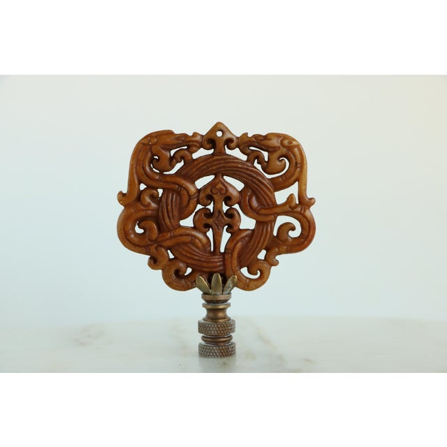 Asian Scroll Carved Stone Lamp Finial on Limed Bronze Hardware | Chairish