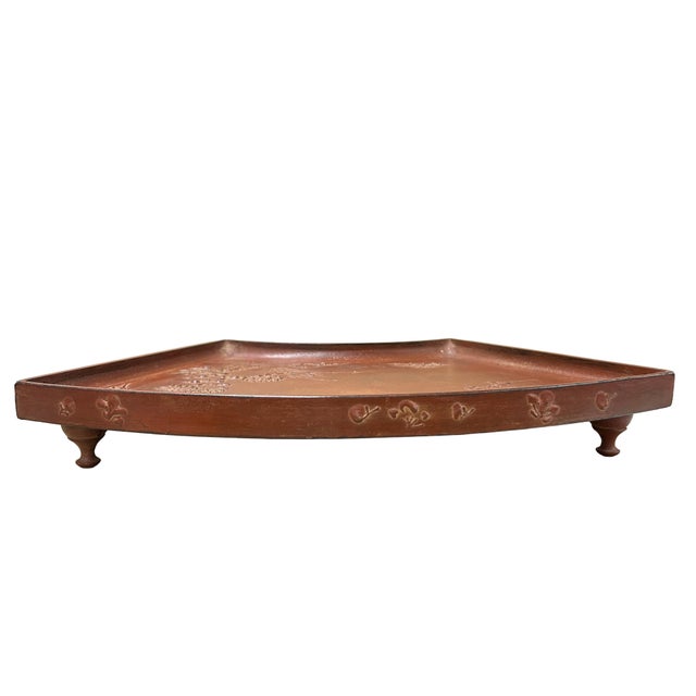 Chinoiseries Relief Pattern Brown Lacquer Fan Shape Display Disc Plate ...