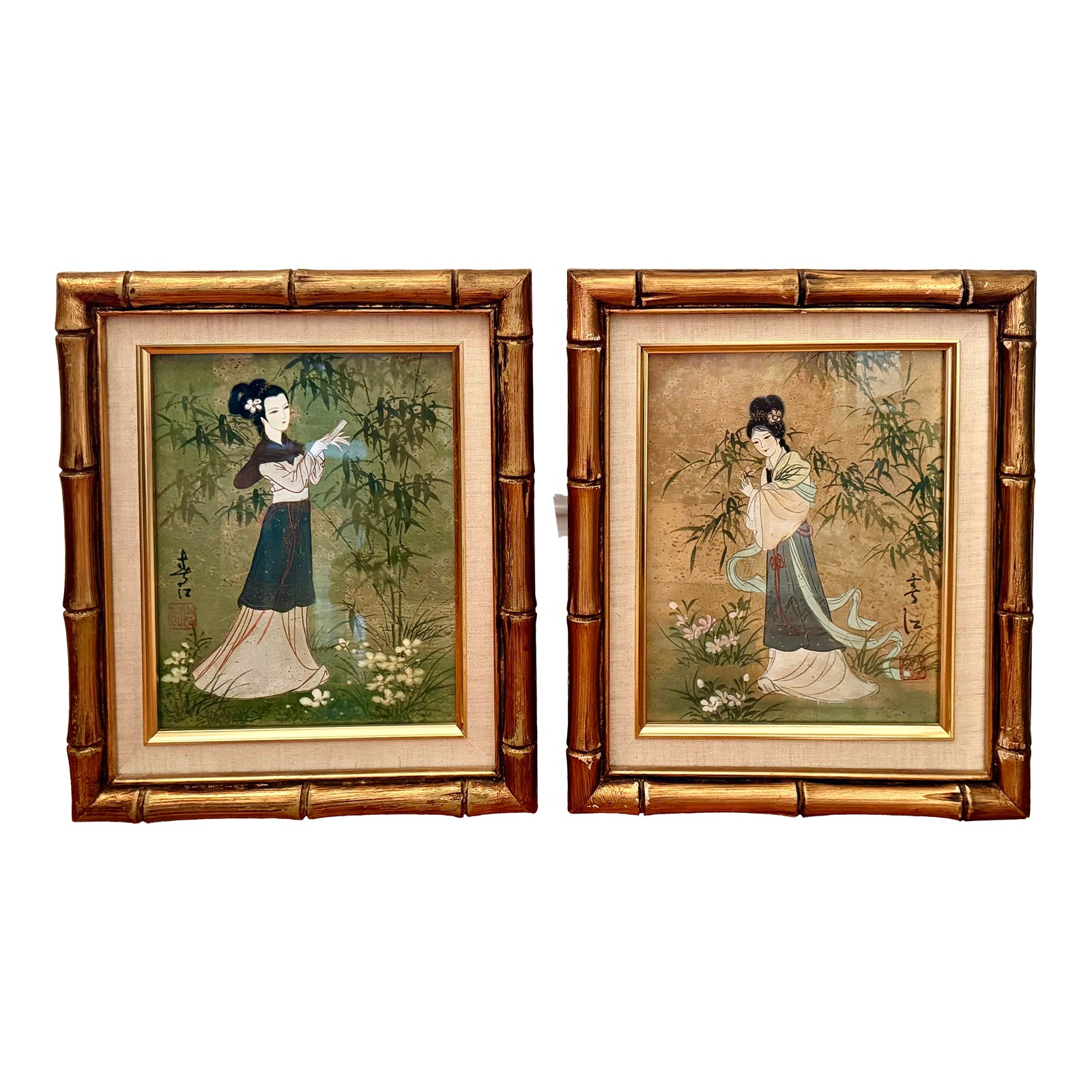 Vintage Pair of Custom Framed Chinese Paintings - Signed | Chairish