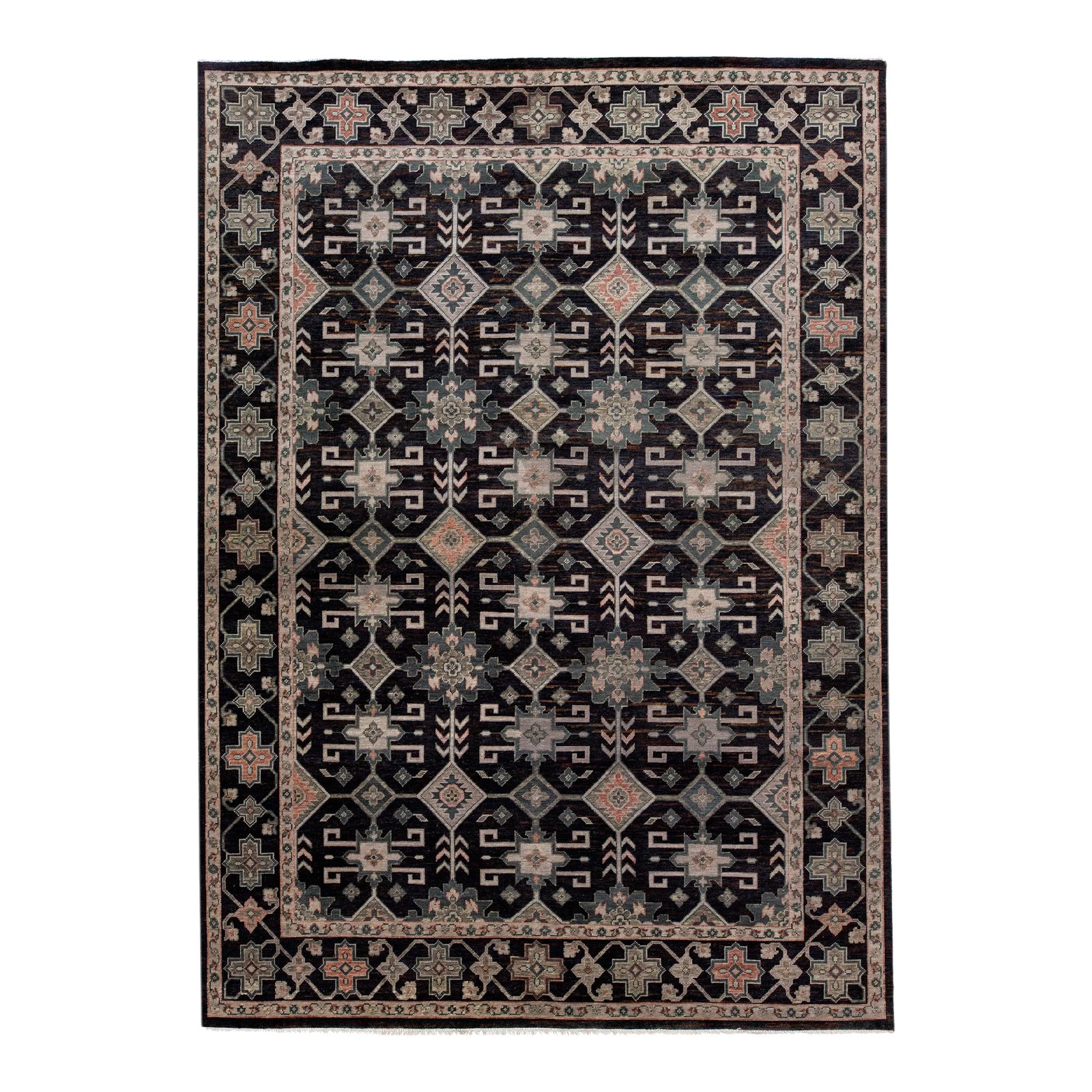 Modern Turkish Oushak Style Handmade Charcoal Wool Rug With Geometric ...